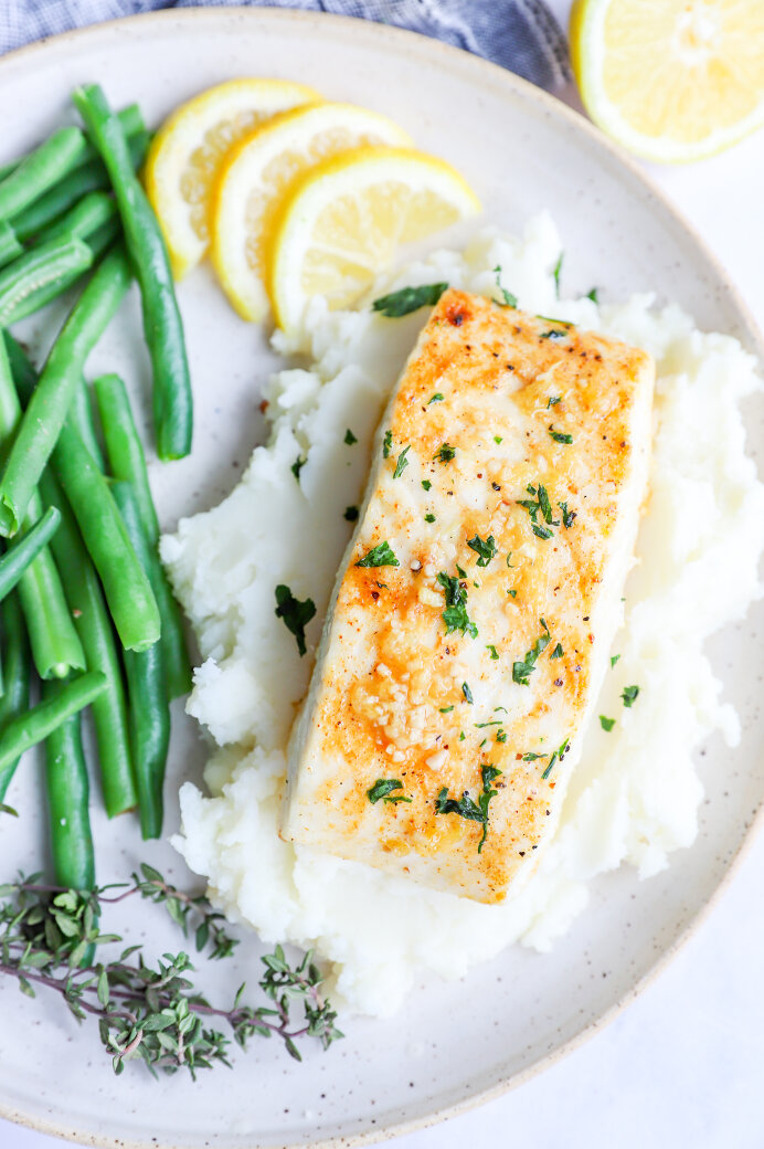 Air Fryer Halibut with Lemon Thyme Butter Sauce - Jihi Kitchen